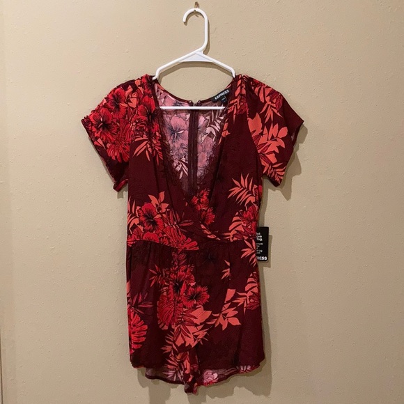 Express | Pants & Jumpsuits | New Red Floral Express Romper | Poshmark